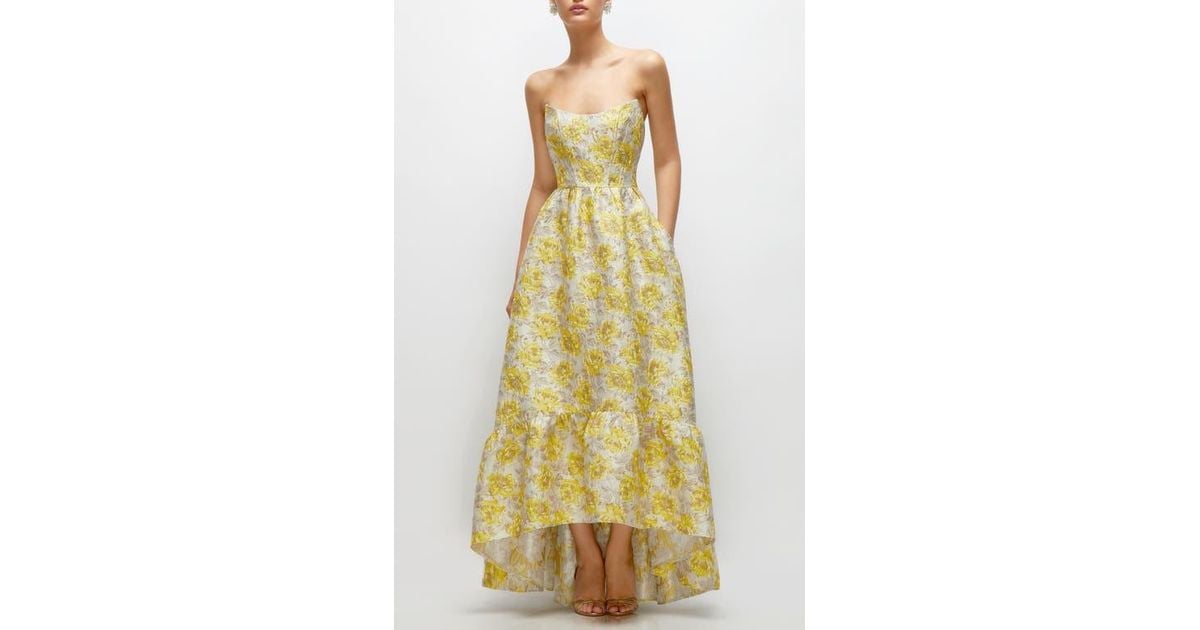 Dessy Collection Metallic Jacquard Corset High/Low Gown in Yellow | Lyst