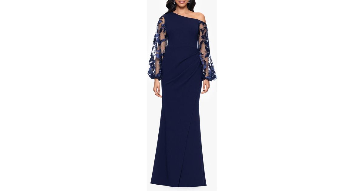 Betsy & Adam One Shoulder Sheer Embroidered Long Sleeve Sheath Gown in ...