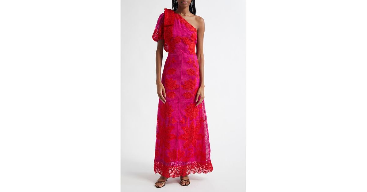 FARM Rio Guipuire Lace One-Shoulder Maxi Dress in Red | Lyst