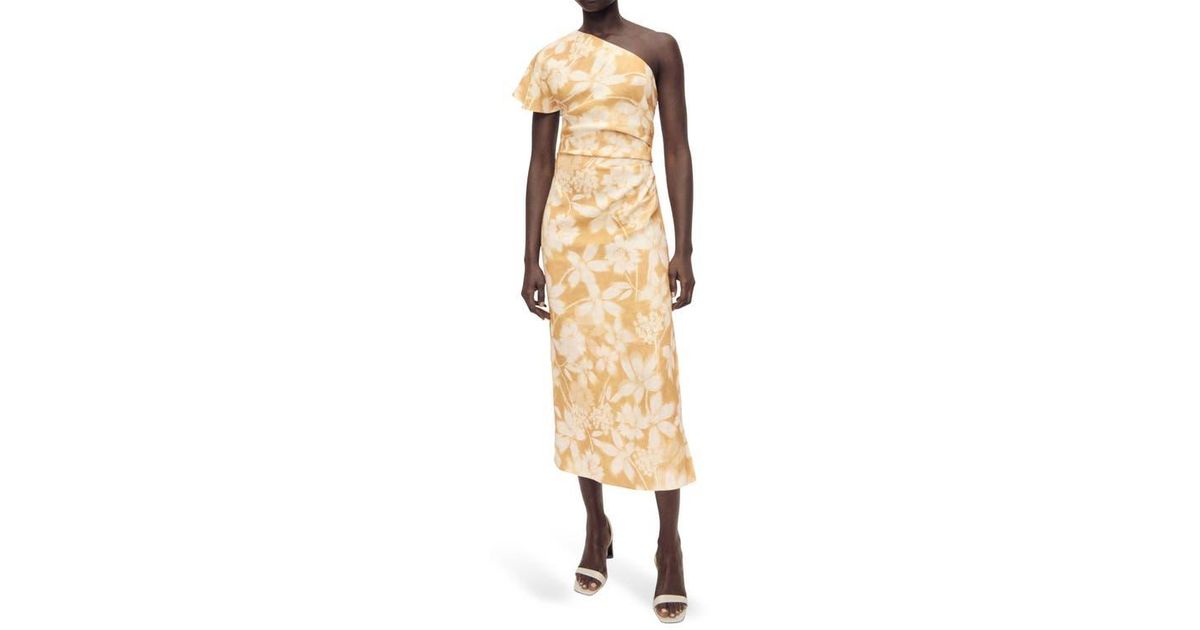 Mango Floral Linen One-Shoulder Dress in Natural | Lyst