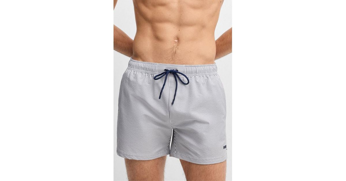 BOSS Velvetfish Stripe Seersucker Swim Trunks in Gray for Men | Lyst