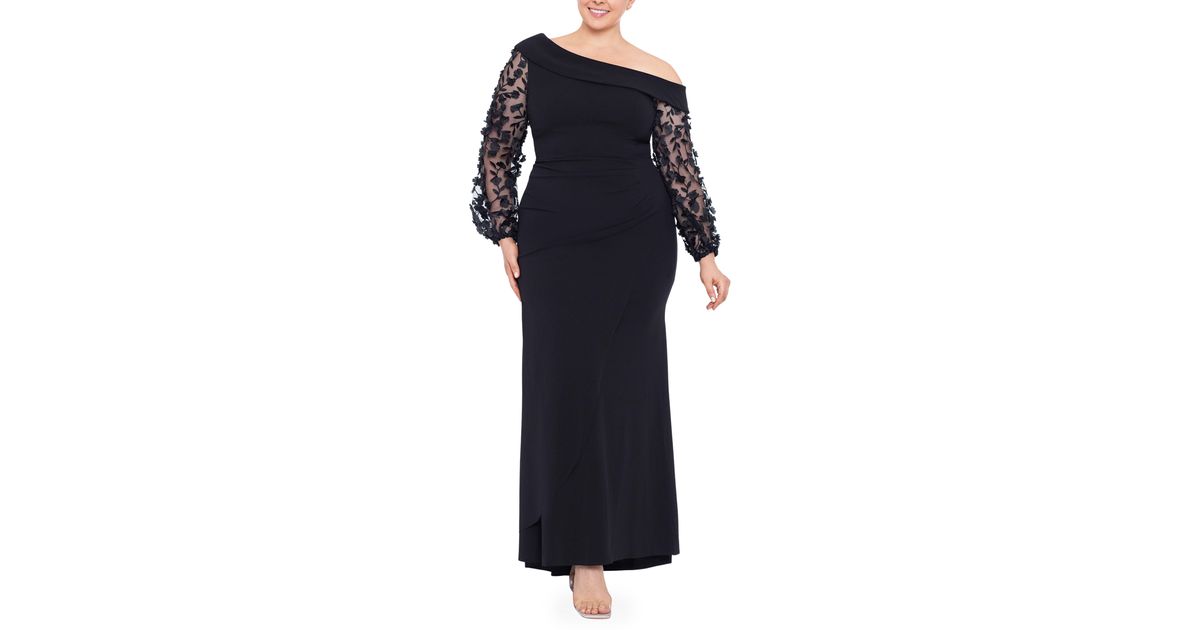 Xscape Floral Appliqué Off The Shoulder Long Sleeve Gown In Blue Lyst