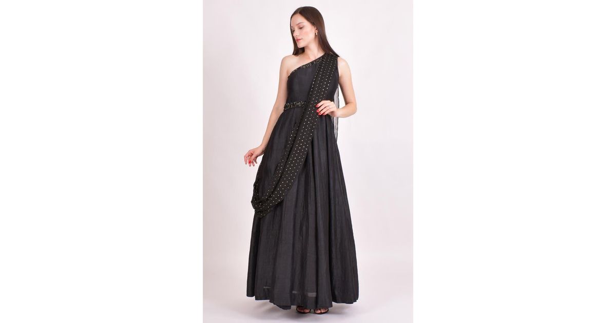 Ras Oni One Shoulder Embroidered Saree Gown in Black | Lyst