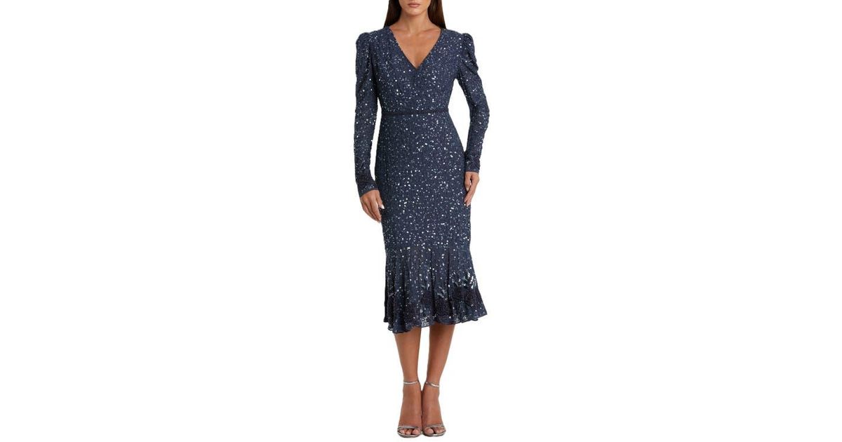 Mac Duggal Sequin Gown With Embellished Hemlin And Belt in Blue | Lyst