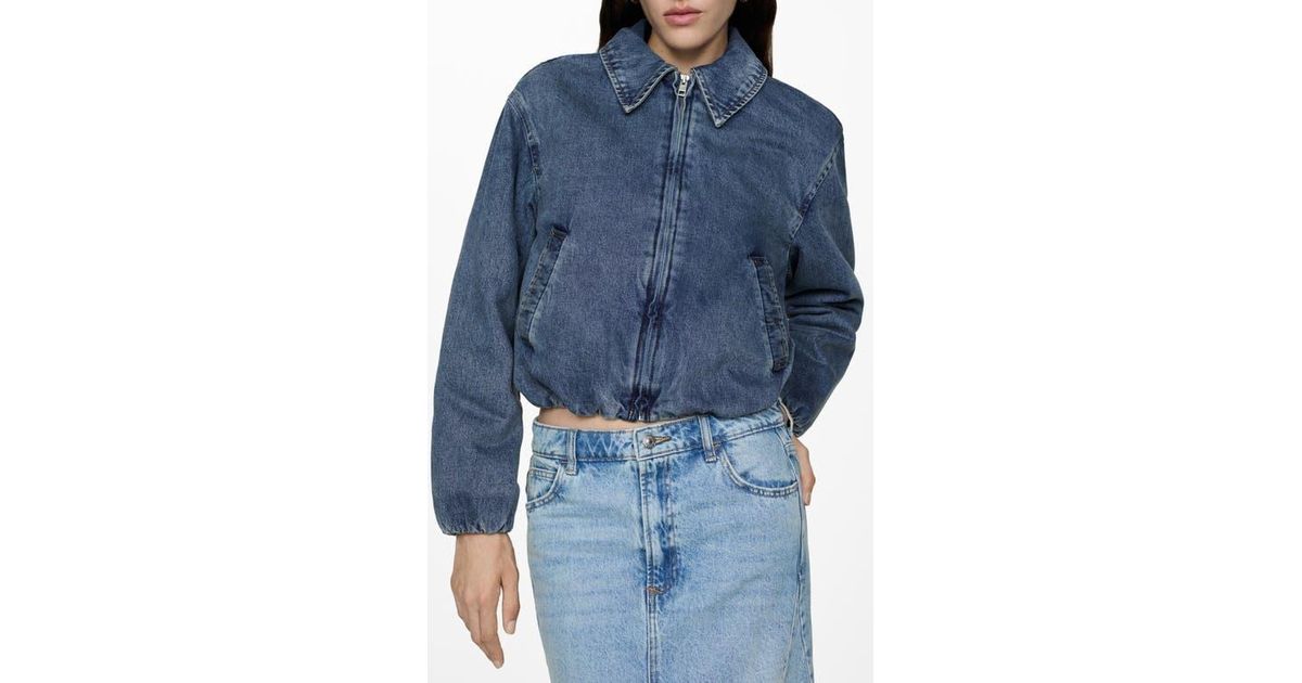 Mango Crop Zip Lined Denim Bomber Jacket in Blue | Lyst