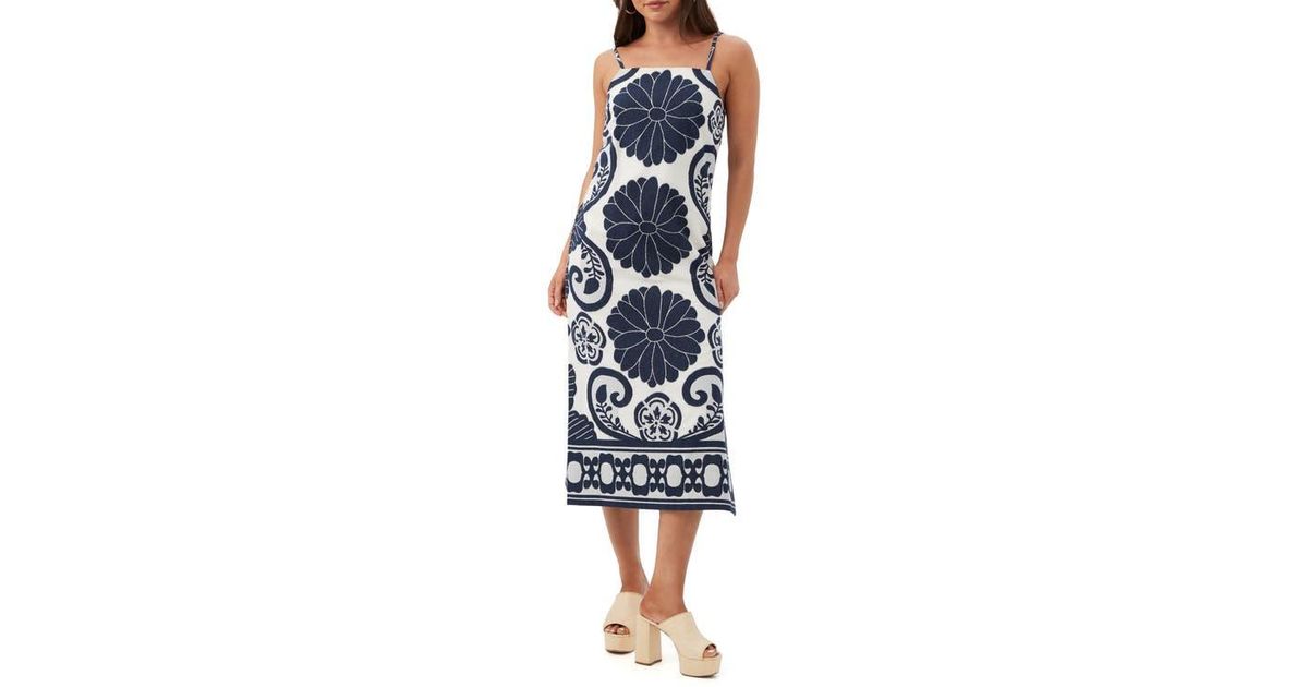 Trina Turk Marita 3 Printed Square Neck Midi Dress in Blue | Lyst