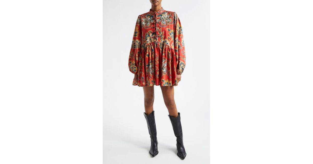 FARM Rio Floral Print Long Sleeve Minidress in Red | Lyst