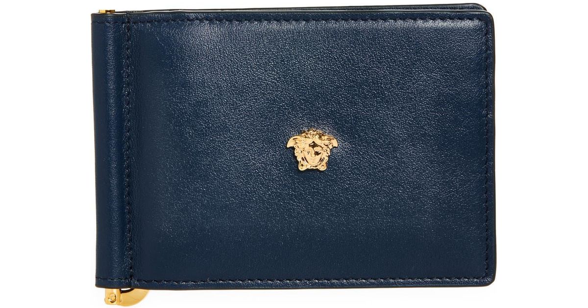 Versace Medusa Money Clip Leather Bifold Wallet in Blue for Men | Lyst