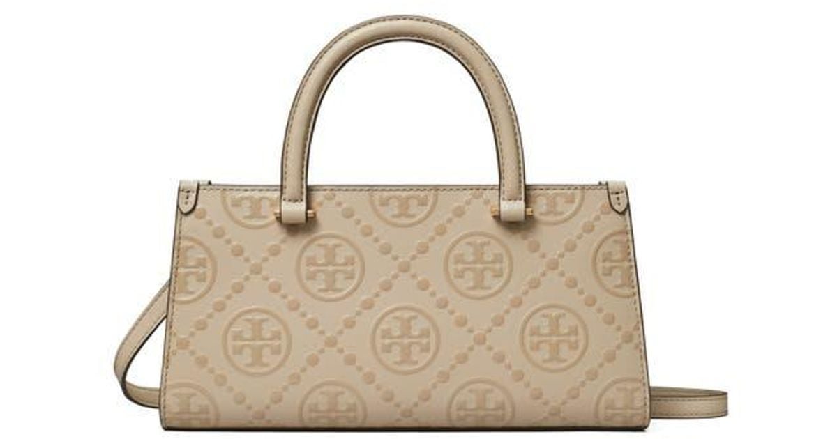 Tory Burch Small T Monogram Embossed Leather Tote in Natural | Lyst