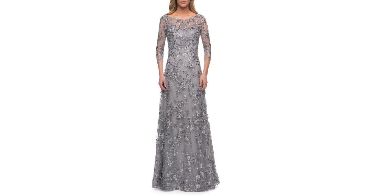 La Femme Lace Gown With Full Skirt And Sheer Lace Sleeves in Gray | Lyst