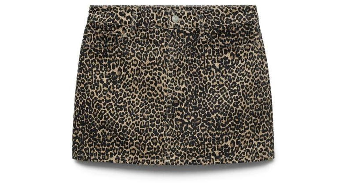 Mango Leopard Print Denim Miniskirt in Black | Lyst