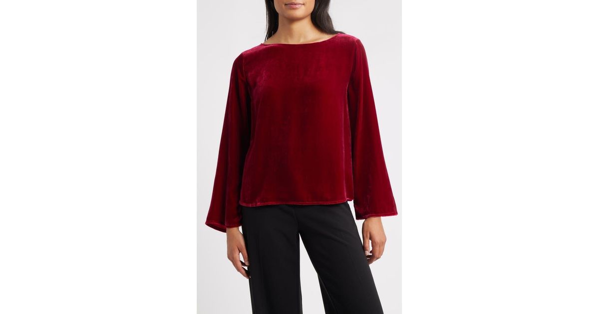 Eileen Fisher Ballet Neck Flare Sleeve Velvet Top in Red | Lyst