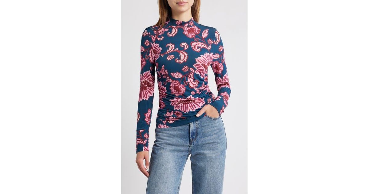FARM Rio Flower Delicacy Ruched Jersey Top in Blue | Lyst
