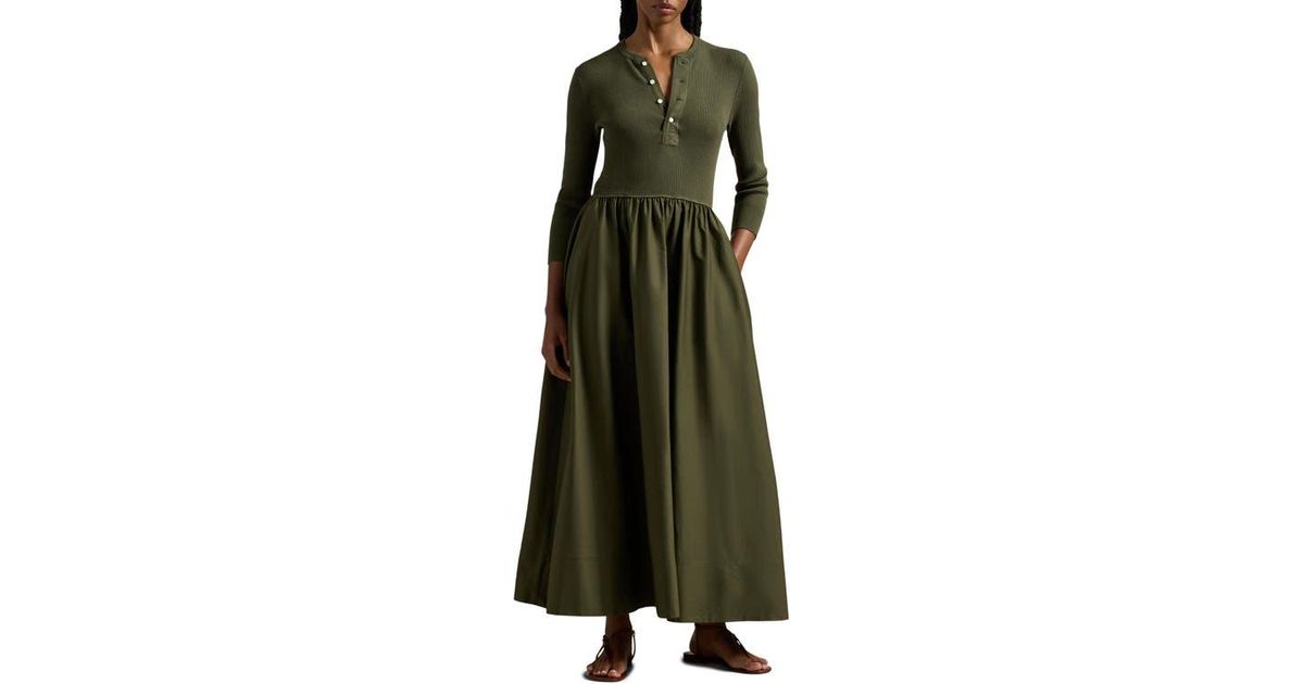 Polo Ralph Lauren Henley Long Sleeve Mixed Media Maxi Dress in Green | Lyst