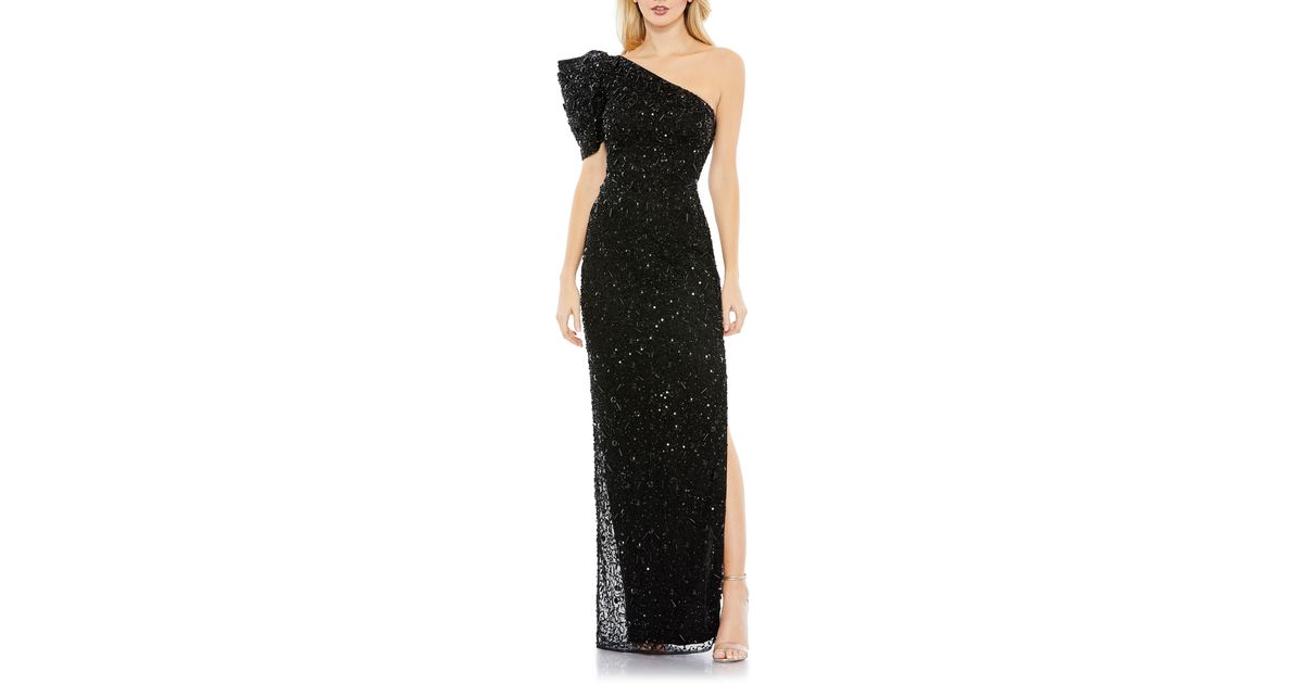 Mac Duggal Beaded One Shoulder Puff Sleeve Column Gown In Black Lyst