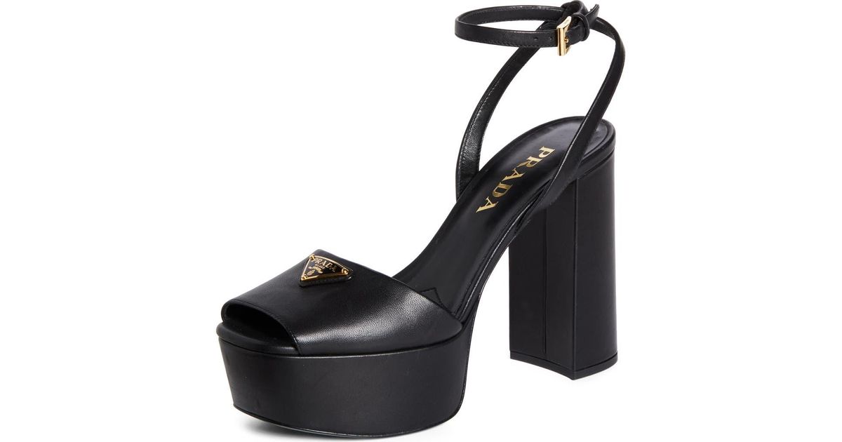 Prada Logo Platform Sandal in Black | Lyst