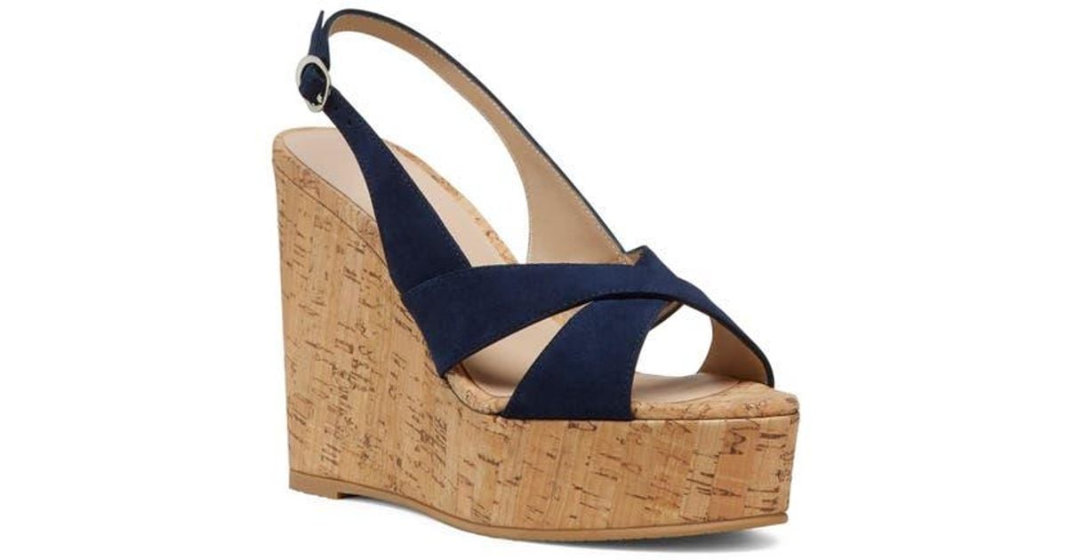 Stuart Weitzman Dayna Slingback Platform Wedge Sandal in Blue | Lyst