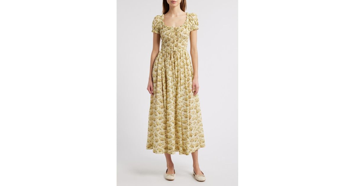 Doen Ashlynn Floral Organic Cotton Voile Midi Dress in Yellow | Lyst