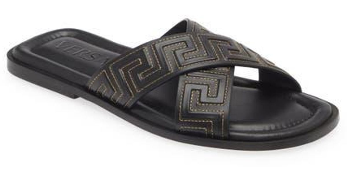 Versace La Greca Leather Slide Sandal in Gray for Men | Lyst