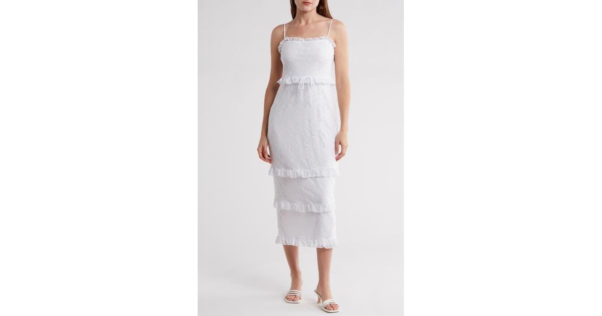 Bebe Lace Ruffle Maxi Dress in White | Lyst