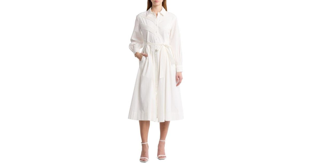 Mila + Mate Pintucked Long Sleeve Cotton Poplin Shirtdress in White | Lyst