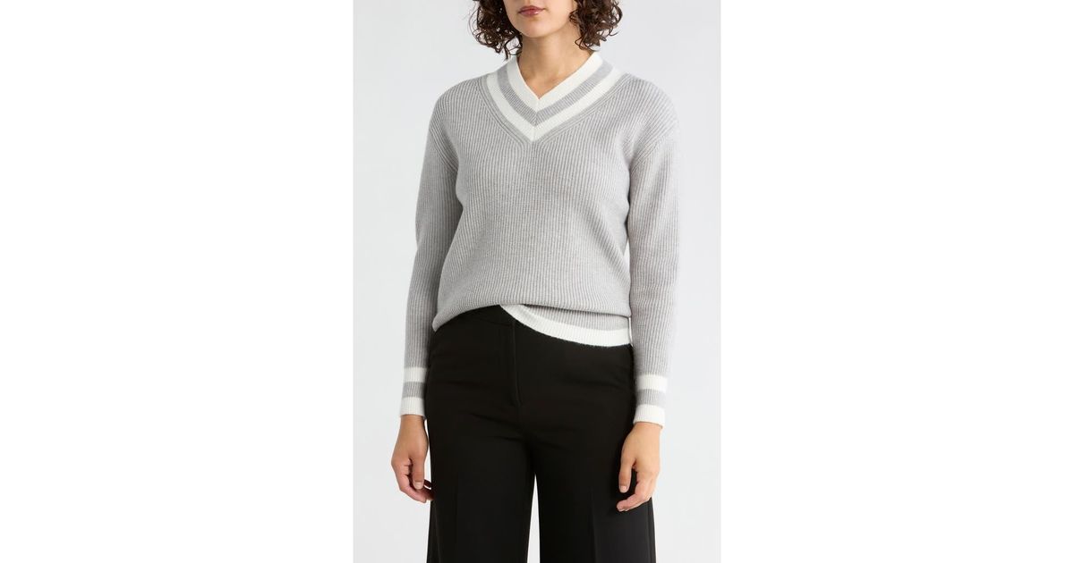 Vigoss Varsity Stripe V-Neck Sweater in Gray | Lyst