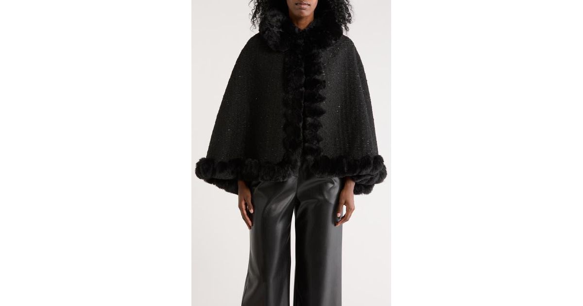 Vince Camuto Sequin Tweed Cape With Faux Fur Trim in Black | Lyst