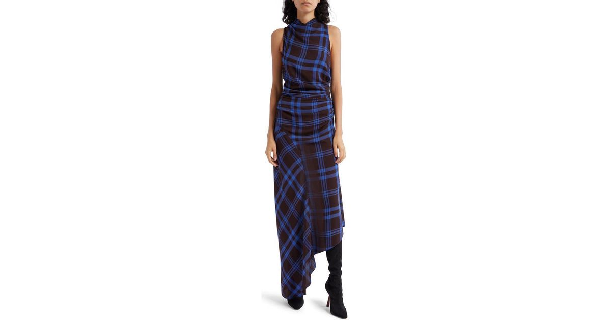 A.L.C. Iggy Plaid Ruched Asymmetric Hem Dress in Blue | Lyst
