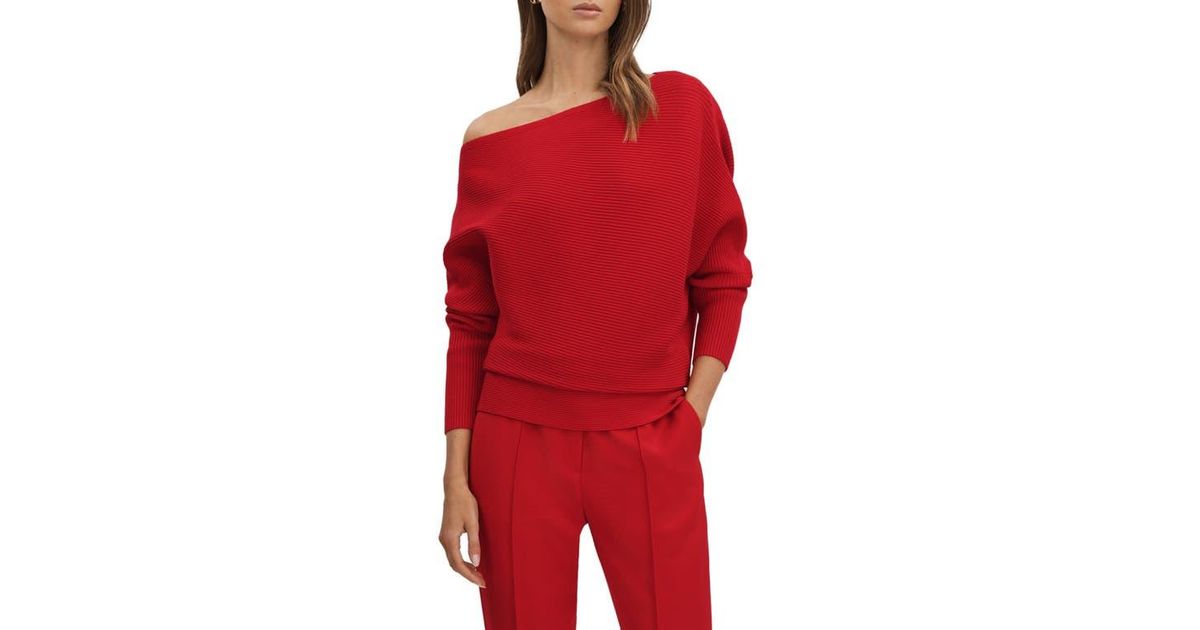 Reiss Lorna Ottoman Rib Off The Shoulder Top in Red | Lyst