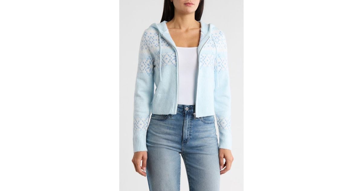 Madden Girl Fair Isle Jacquard Zip Front Hooded Cardigan in Blue | Lyst