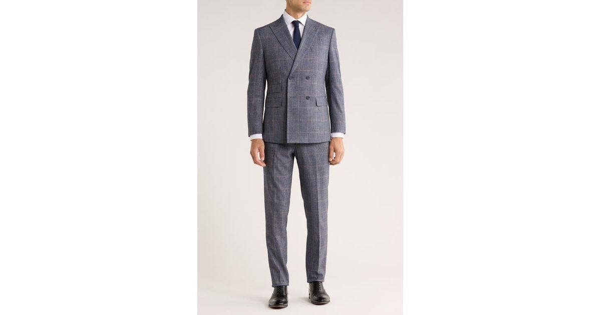 English Laundry Trim Fit Plaid Double Breasted Flat Front Suit in Blue ...