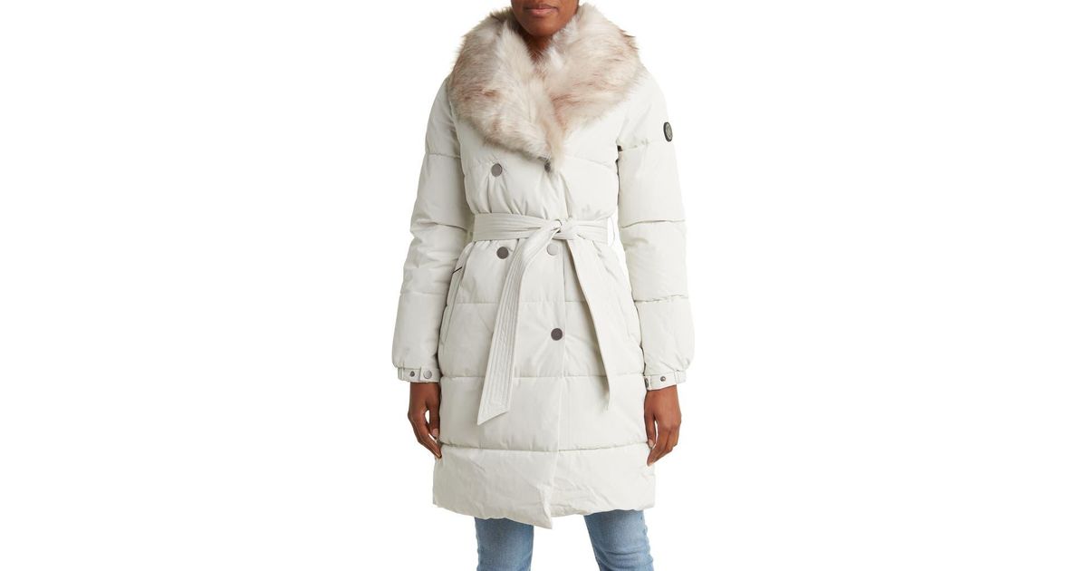 Noize Harriet Faux Fur Collar Puffer Jacket in Natural | Lyst
