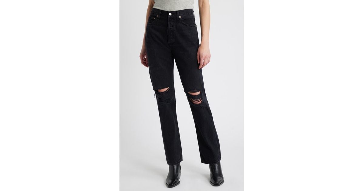 Agolde '90S Pinch Waist Ripped High Waist Straight Leg Jeans in Black ...