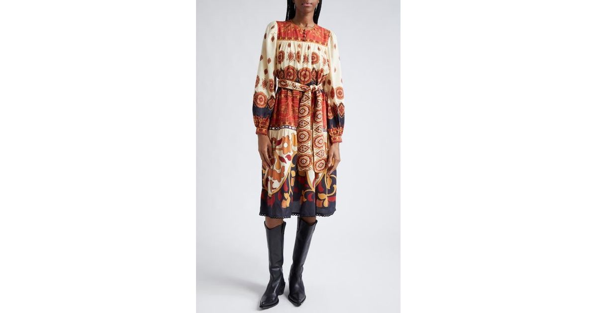 FARM Rio Ainika Tiles Tie Waist Long Sleeve Midi Dress in White | Lyst