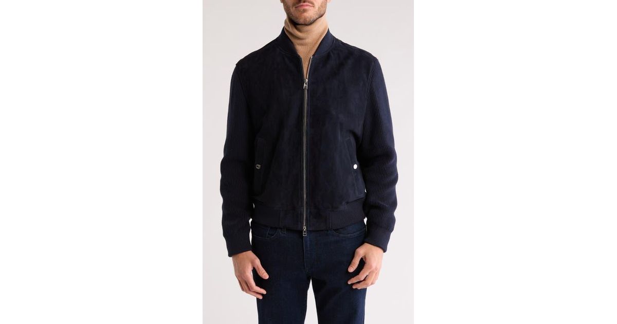 BOSS Mersey Leather Bomber Jacket in Blue for Men | Lyst