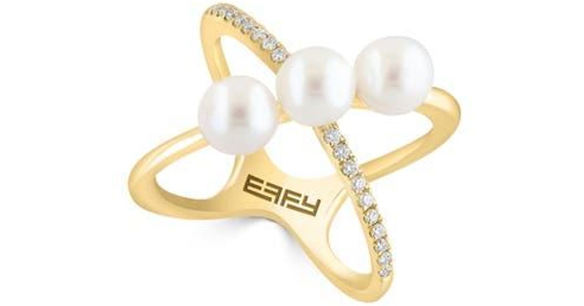 Effy 14K Diamond & Freshwater Pearl Crossover Ring in Metallic | Lyst