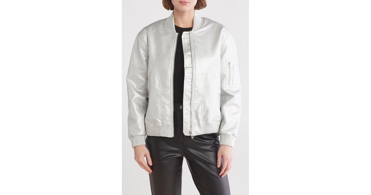 Blank NYC Metallic Faux Leather Bomber Jacket in White | Lyst