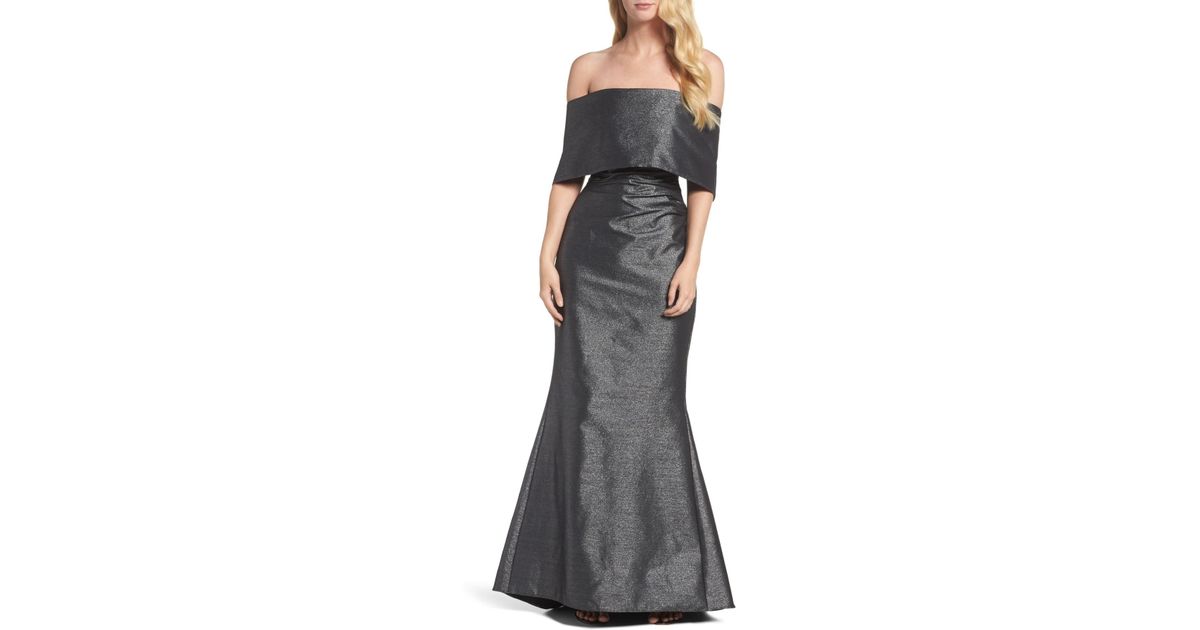 Vince Camuto Ruched Metallic Knit Off The Shoulder Gown Lyst