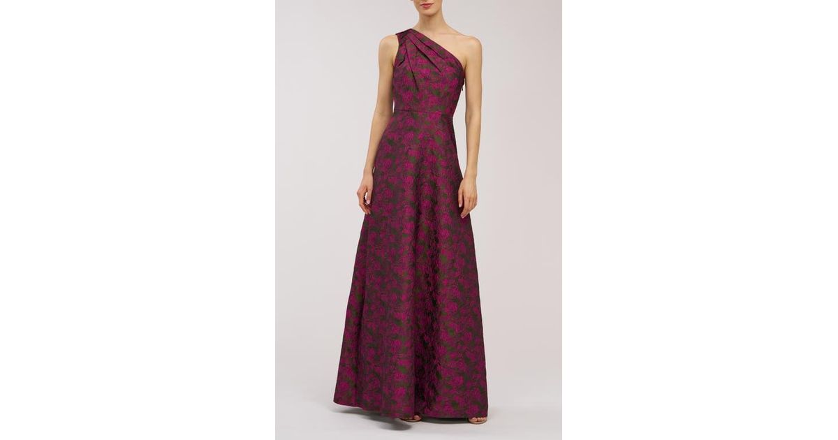 Kay Unger Ashley Metallic Floral Jacquard One-Shoulder Gown in Purple ...