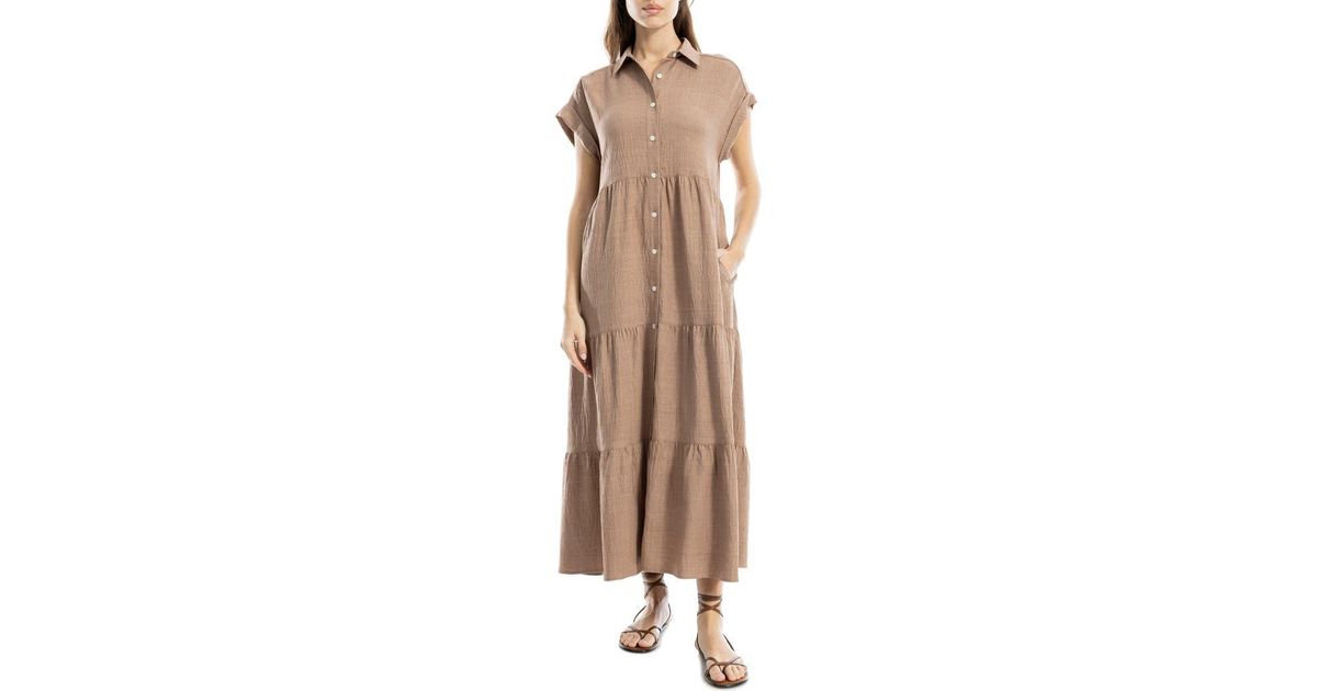 Max Studio Short Sleeve Tiered Maxi Shirtdress in Brown | Lyst