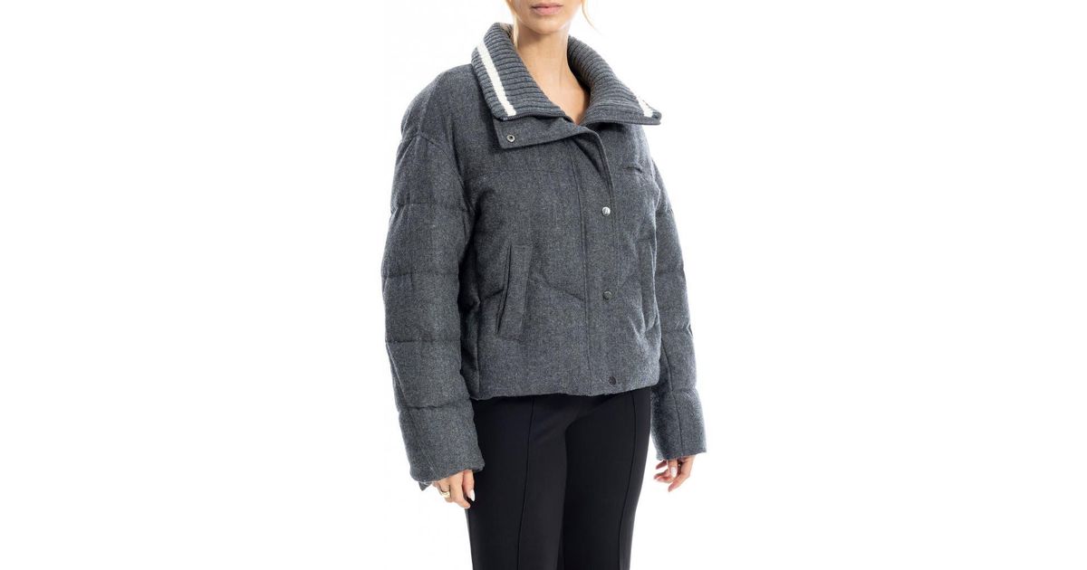 Max Studio Rib Trim Crop Puffer Jacket in Gray | Lyst