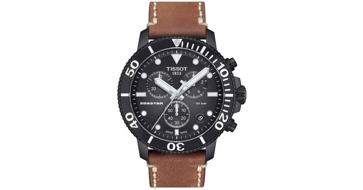 Tissot Seastar Leather Strap Chronograph Diving Watch, 45.5Mm in Black ...