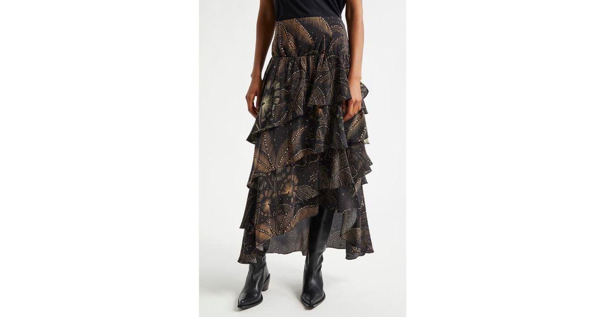 FARM Rio Golden Foliage Layered Ruffle Maxi Skirt in Black | Lyst