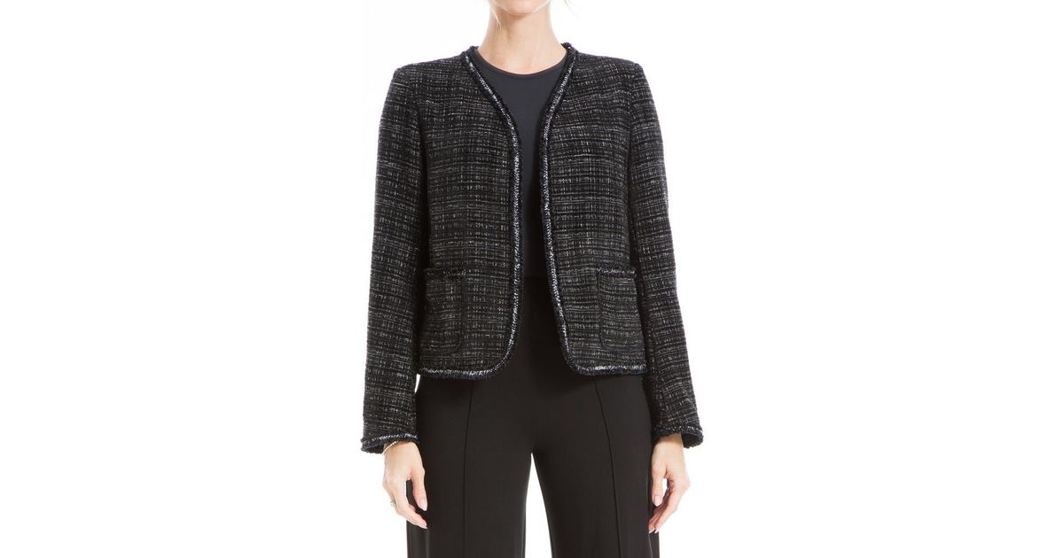 Max Studio Frayed Edge Tweed Jacket in Black | Lyst
