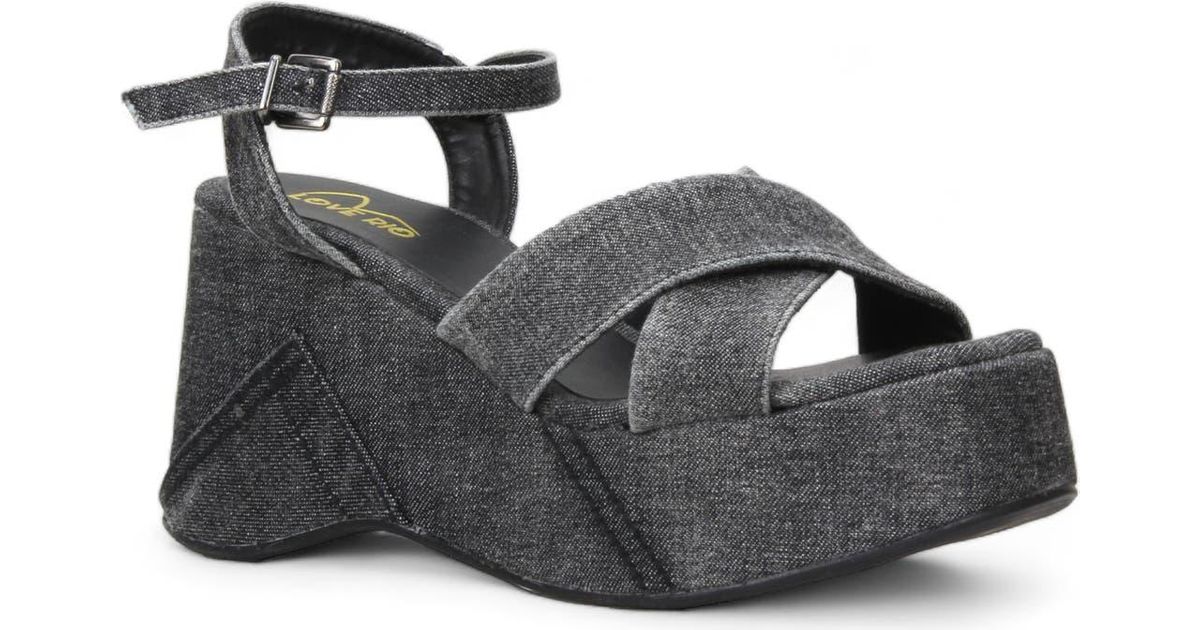 Love Rio Jenna Denim Platform Wedge Sandal in Black | Lyst