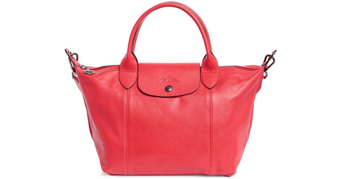Longchamp Le Pliage Leather Tote Bag in Red | Lyst
