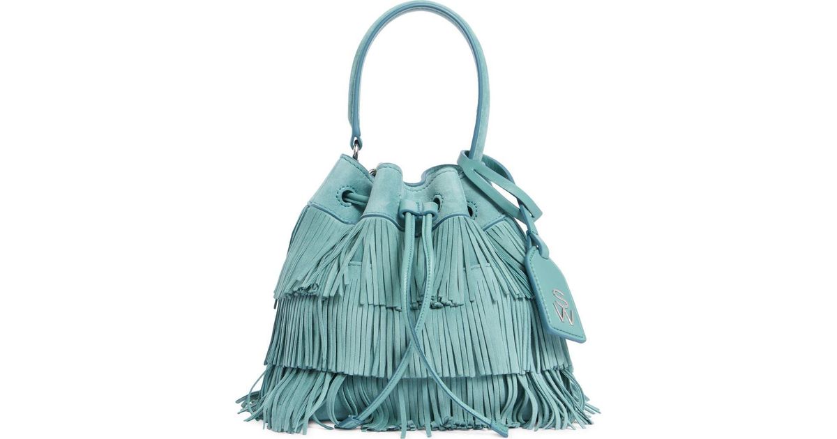 Stuart Weitzman Mini Rae Fringe Bucket Bag in Blue | Lyst