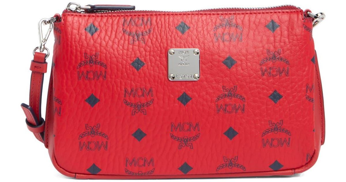 MCM Monogrammed Leather Shoulder Bag in Red | Lyst