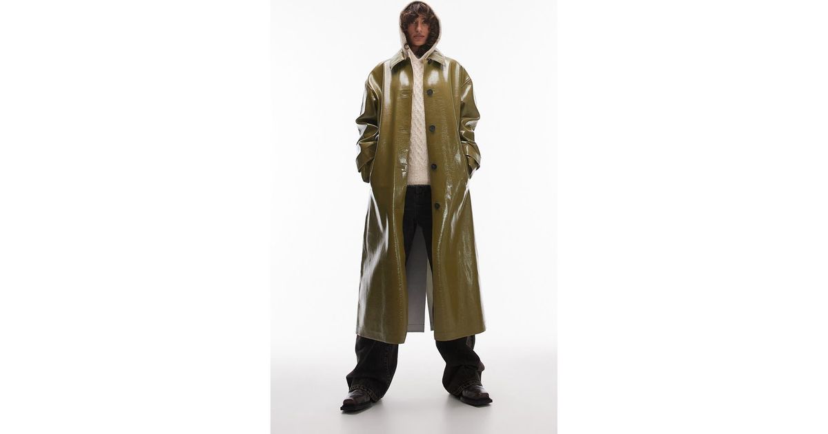 TOPSHOP Vinyl Long Coat in Green | Lyst