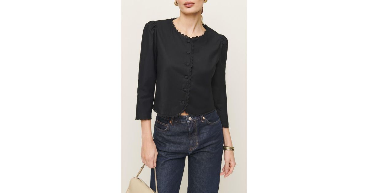Reformation Donna Lace Trim Button-Up Top in Black | Lyst